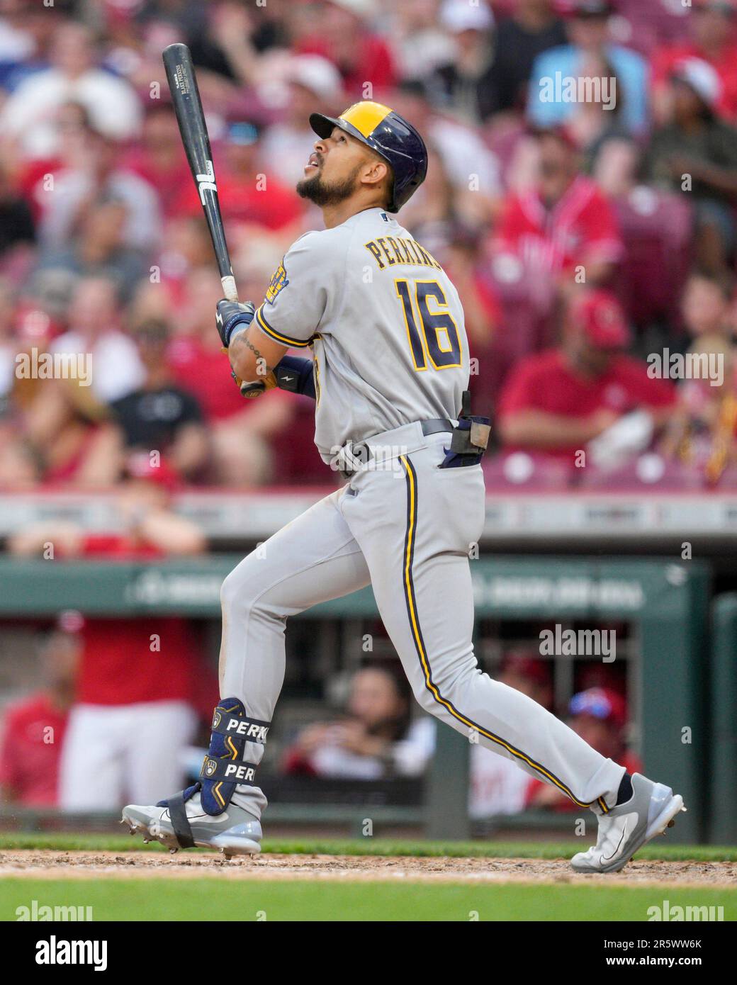 Milwaukee Brewers' Blake Perkins (16) takes an at-bat during a baseball ...