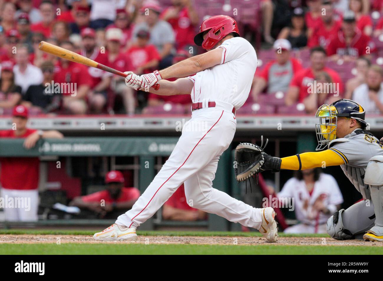 Cincinnati Reds' TJ Hopkins swings for a strike in the ninth inning of ...