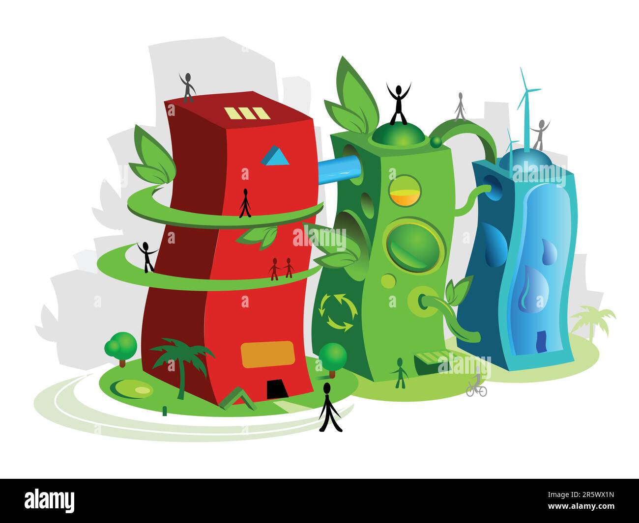 illustration of an ecological friendly town with happy peoples walking ...