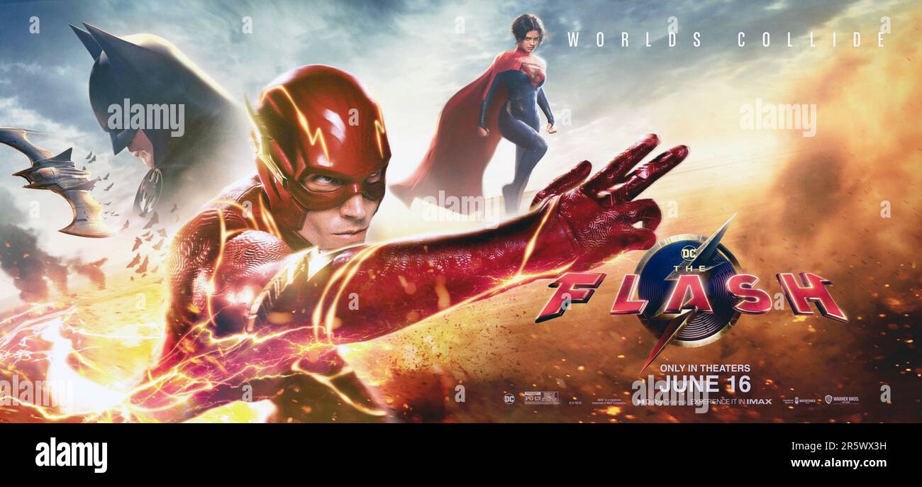 THE FLASH, US poster, from left: Michael Keaton as Batman, Ezra Miller as The Flash, Sasha Calle ...