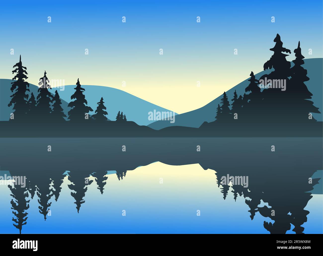 Quiet, cool, and calm lake during sunrise (or sunset). The lake reflections the distant trees ...