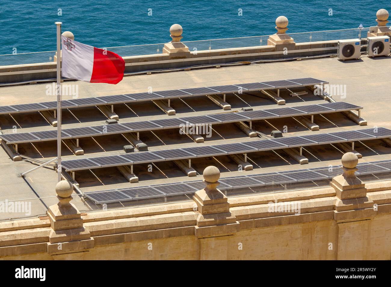 The solar panels on the building rooftop in Quarry Wharf, Valletta ...