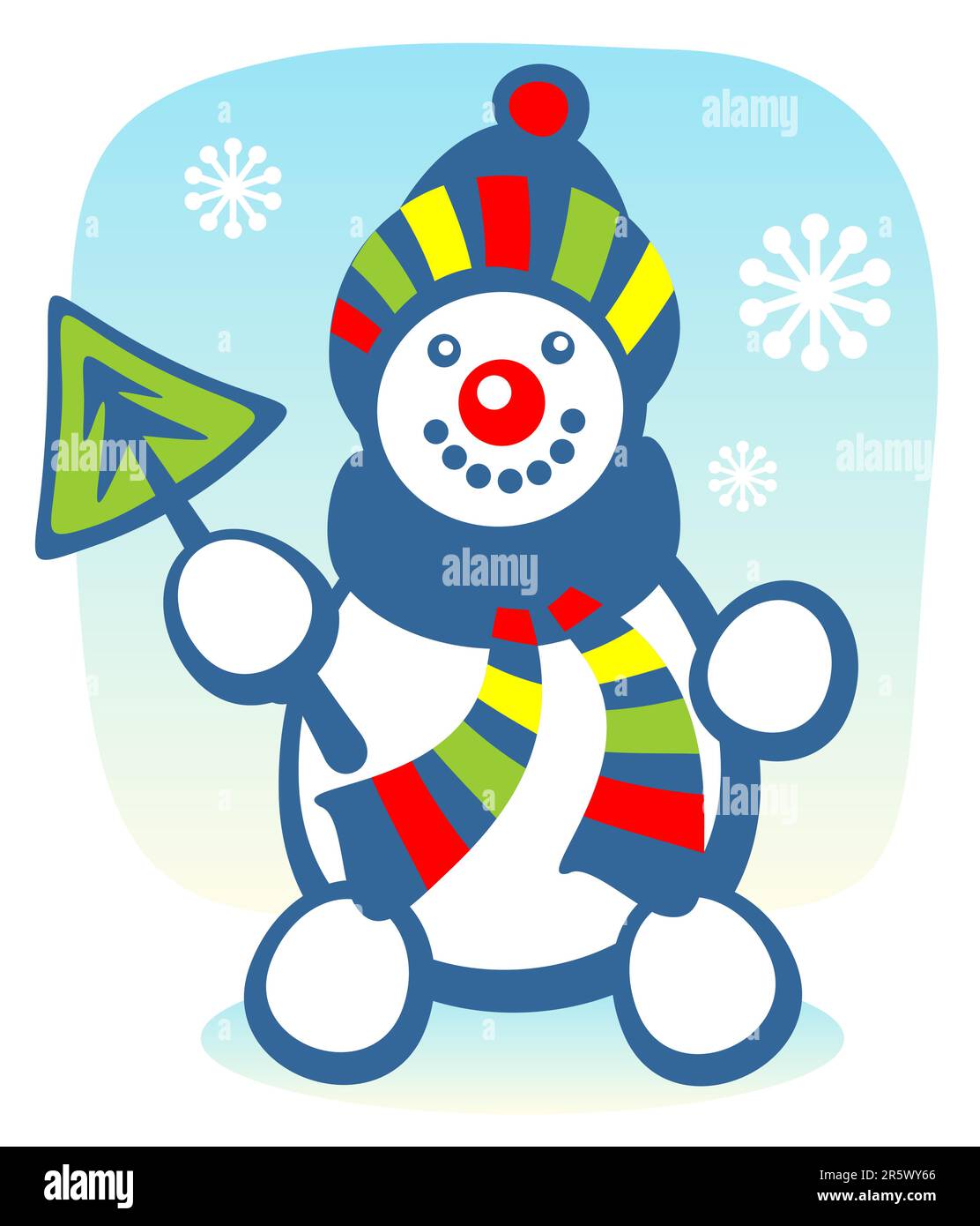 Cartoon snowball with fur-treeon a blue background. Christmas ...