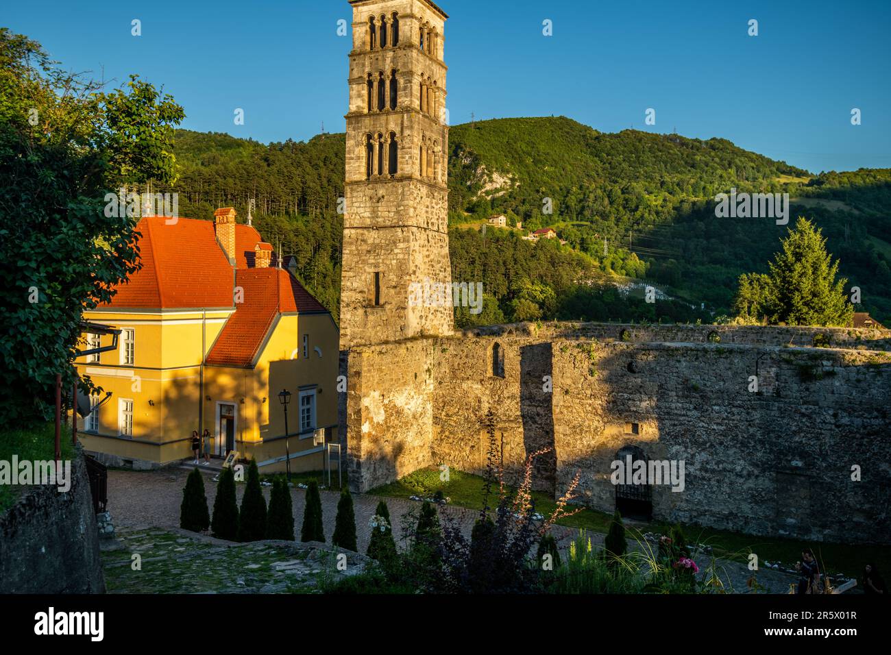 A high-rise building stands tall in the middle of a lush green ...