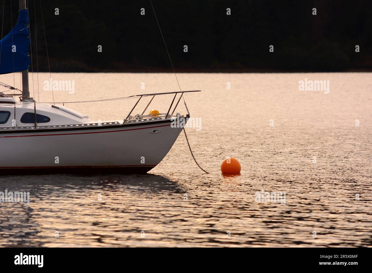 A sailboat floating in a body of water, with an orange buoy in the ...
