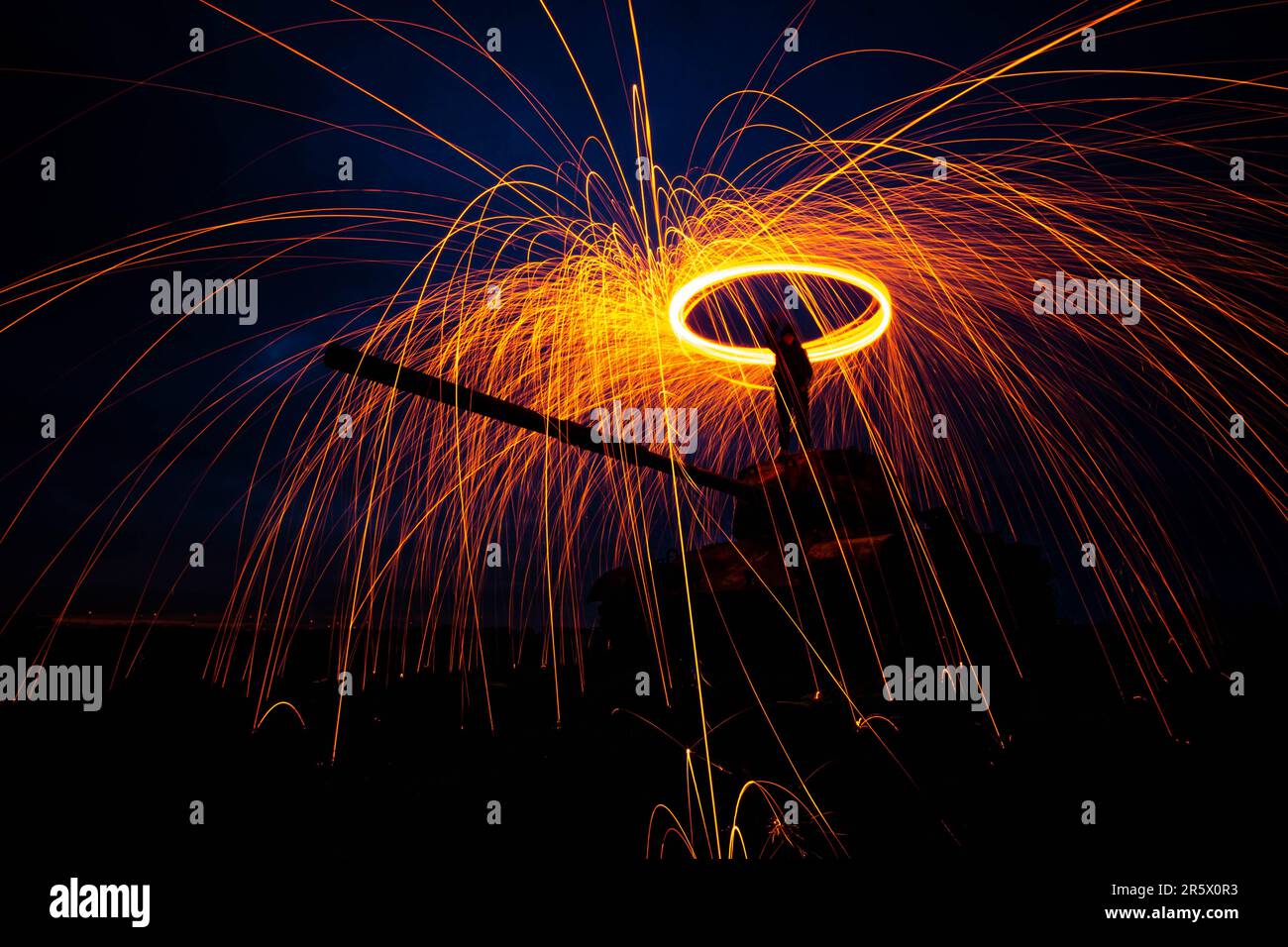 A vibrant display of sparks radiating from a spinning wad of steel wool ...