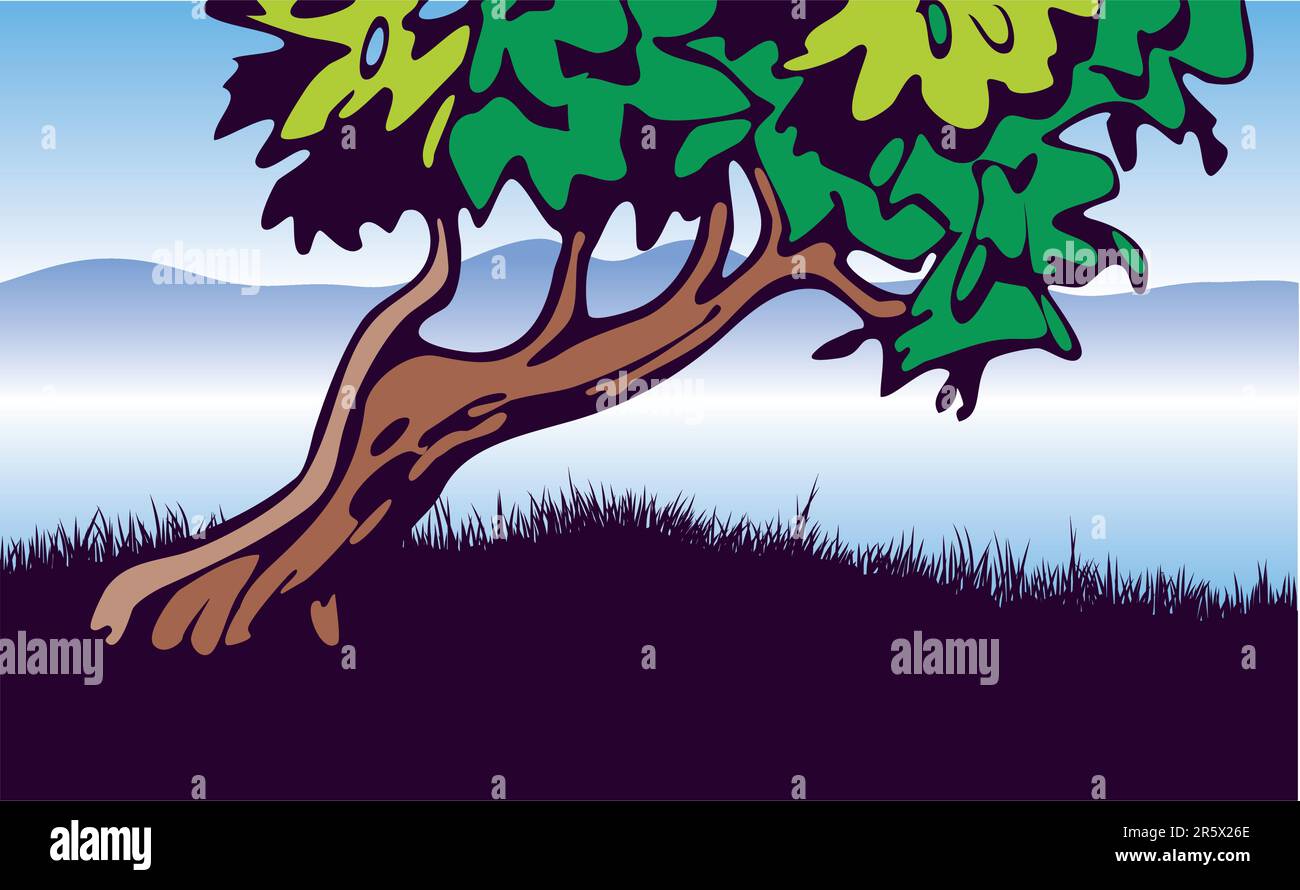 A high-contrast image of a tree during Autumn. Light and hazy hill can ...