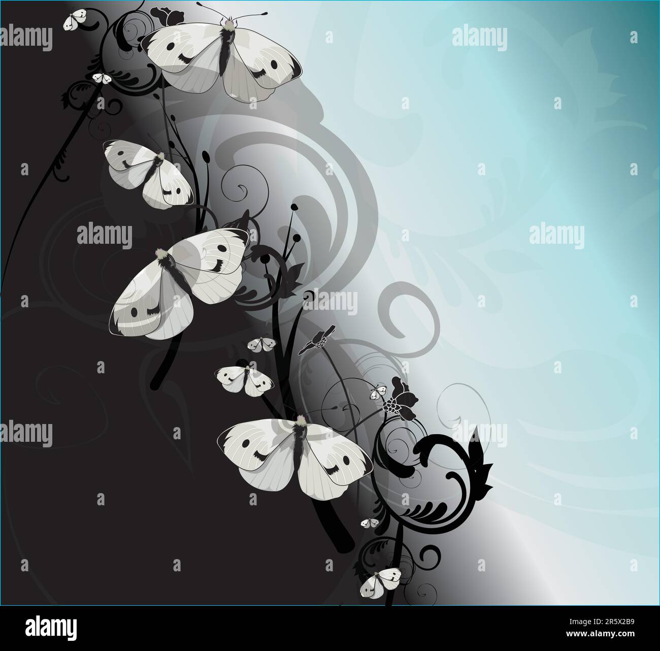 White butterflies on a gradient black/blue/white background with ...