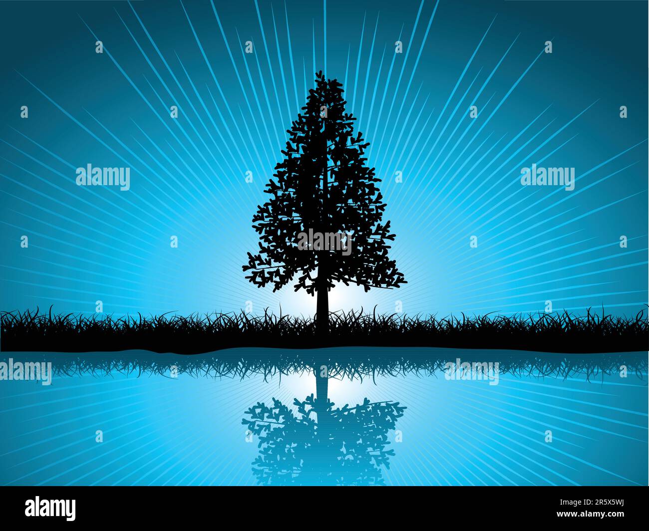 Silhouette of a solitary fir tree reflected in water Stock Vector Image ...
