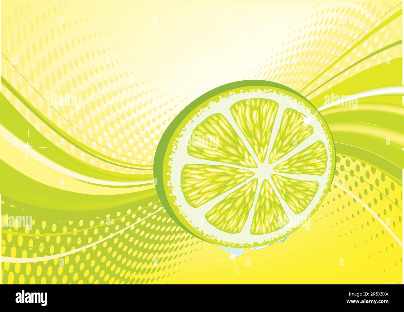 Yellow abstract fruit background: composition of dots and curved lines ...