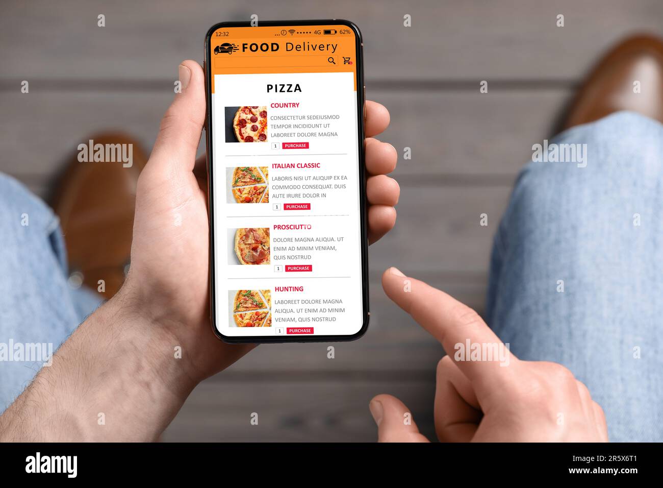 Food delivery service. Man choosing dish from menu on site using ...