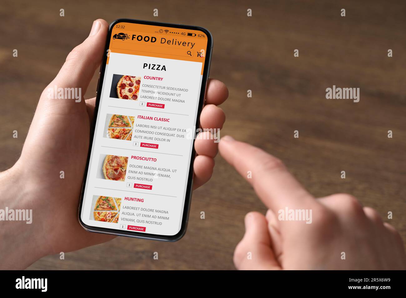 Food delivery service. Man choosing dish from menu on site using ...