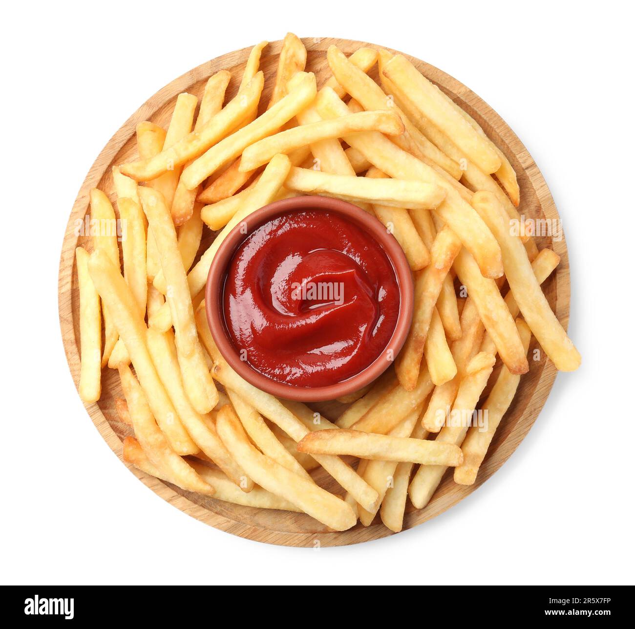Wooden plate of delicious french fries with ketchup on white background ...