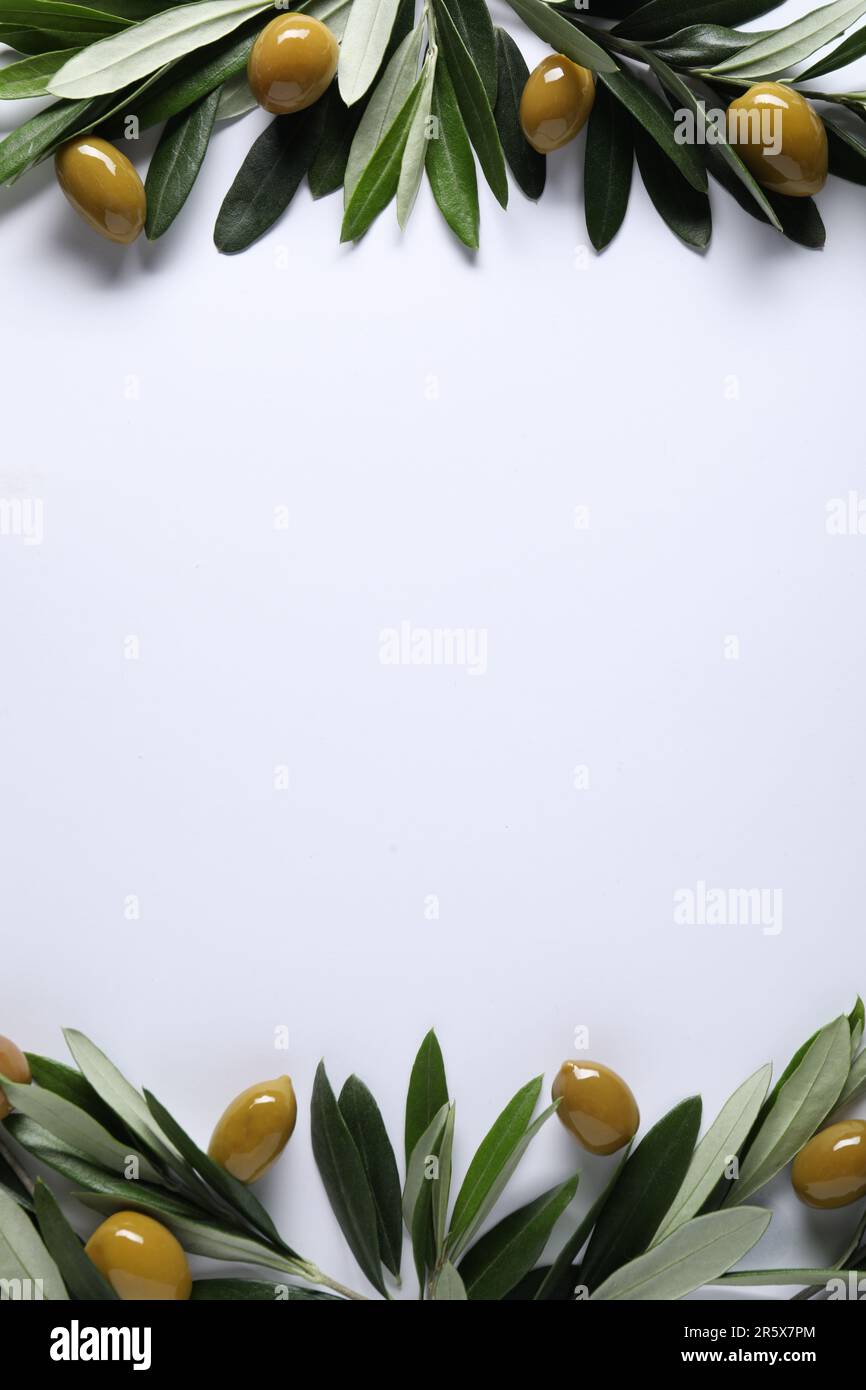 Frame made of fresh green olives and leaves on white background, flat ...