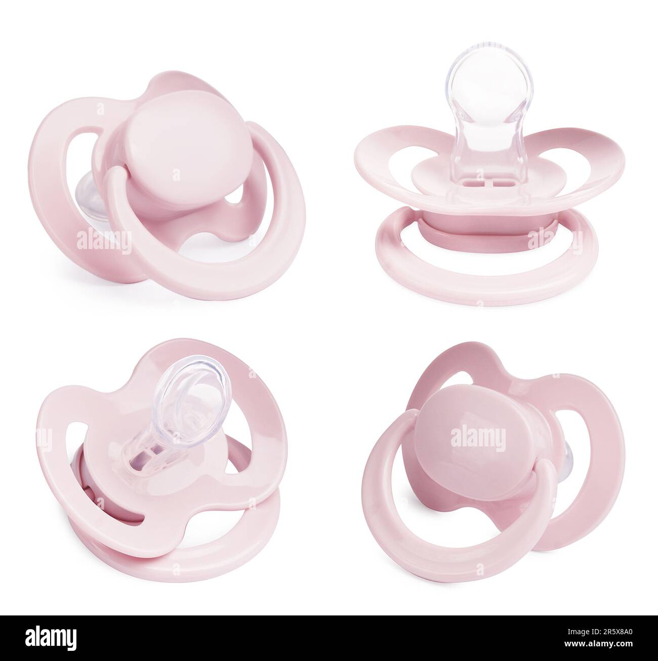 Collage of pale pink baby pacifier on white background, views from ...