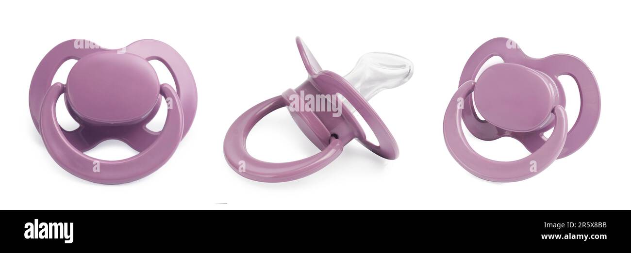 Collage of pale purple baby pacifier on white background, views from ...