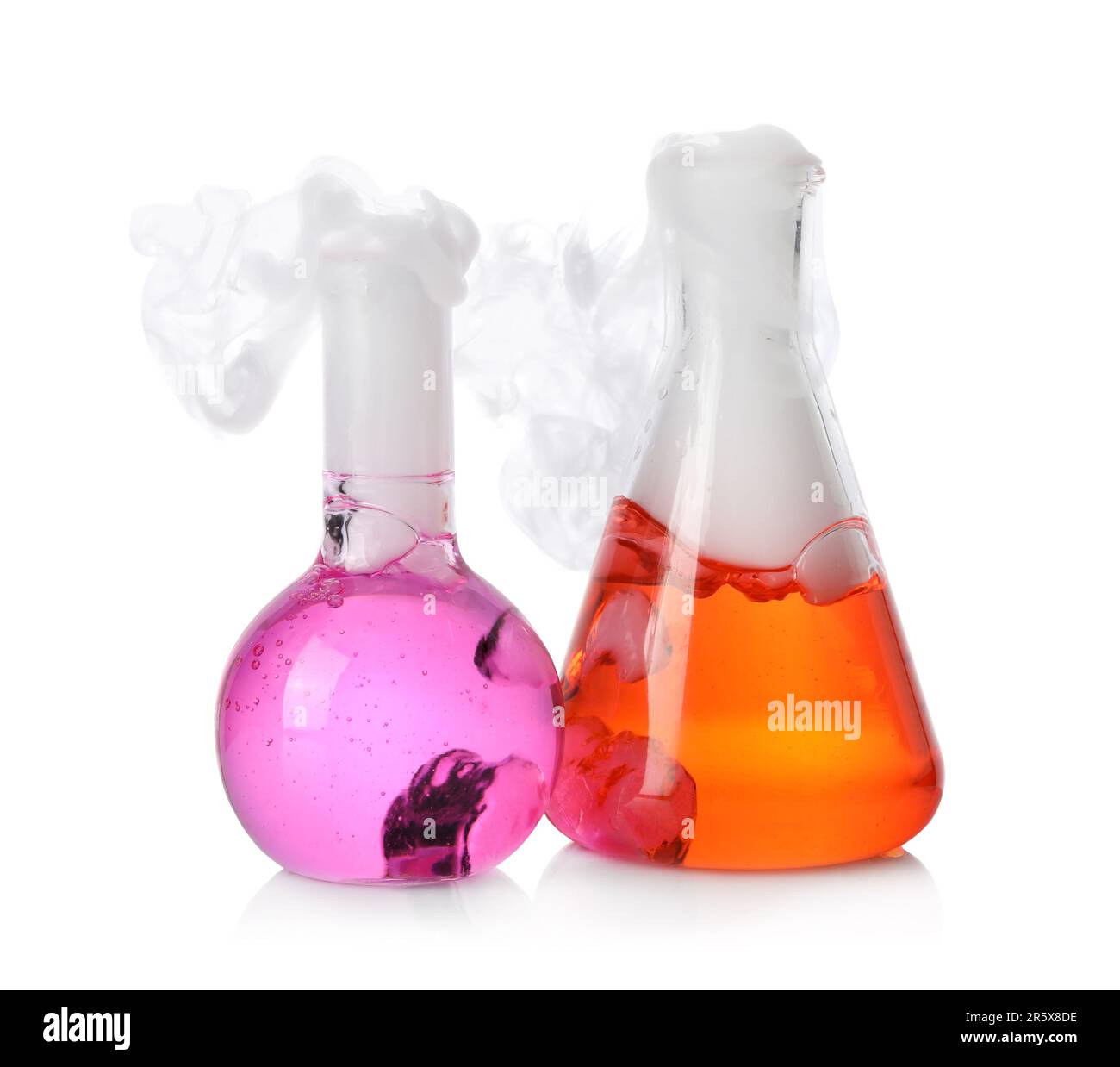 Laboratory flasks with colorful liquids and steam isolated on white ...