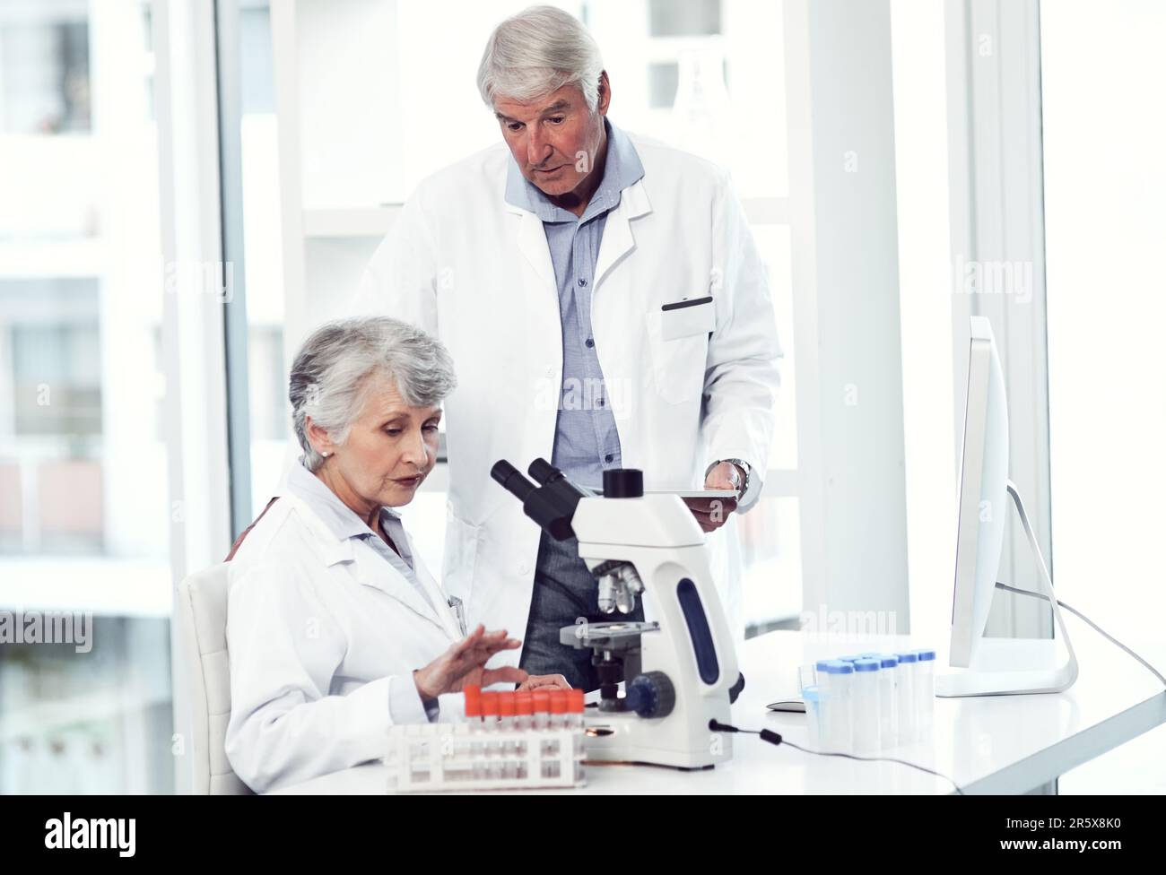 Masters in their profession. two elderly and focused scientists working ...