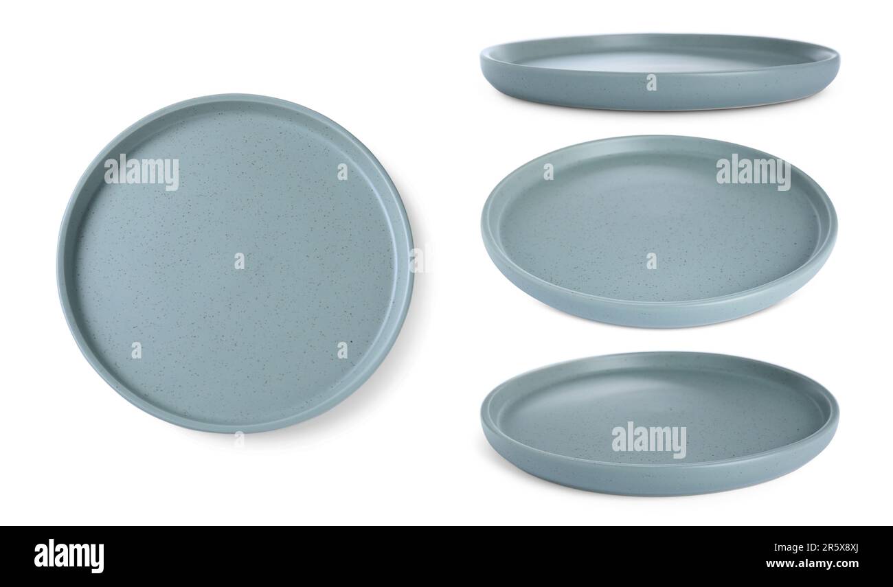 Collage of color ceramic plate on white background, views from ...