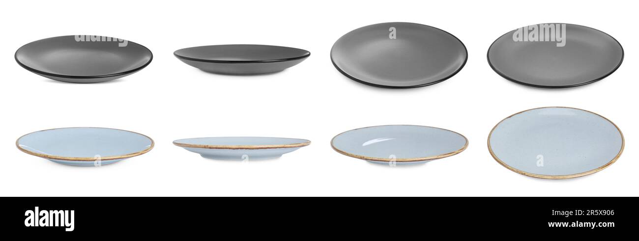 Collage of different ceramic plates on white background Stock Photo - Alamy