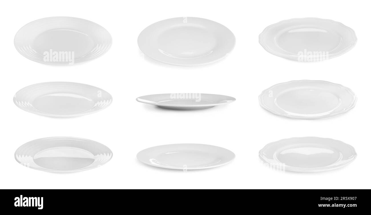 Collage of different ceramic plates on white background Stock Photo - Alamy