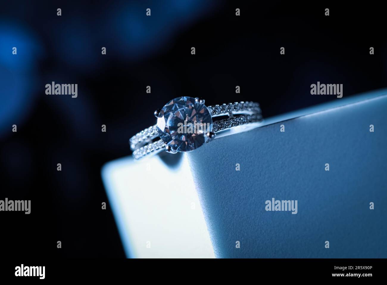 Elegant jewelry. Stylish presentation of luxury ring on podium, closeup ...