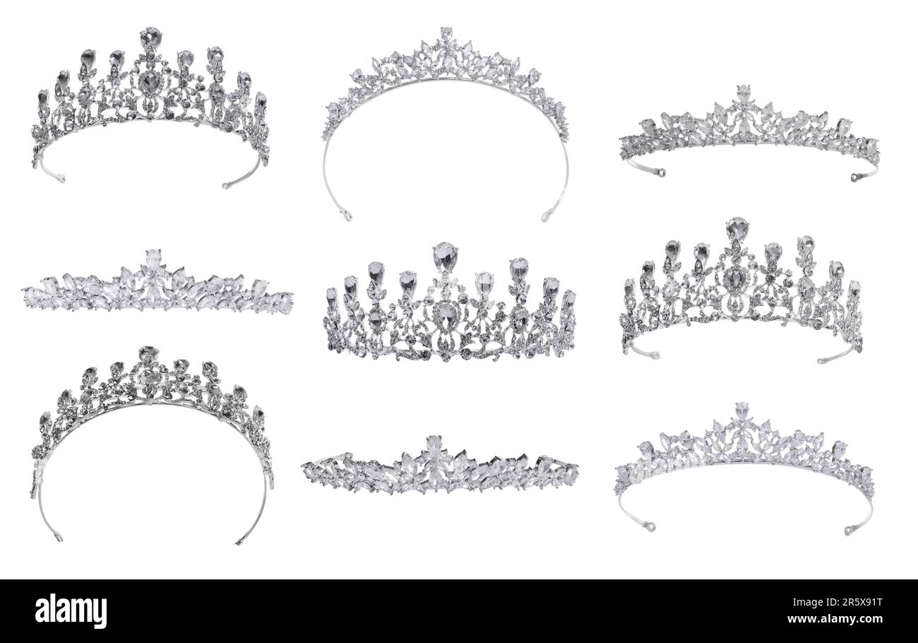 Collage of beautiful silver tiaras with diamonds on white background ...