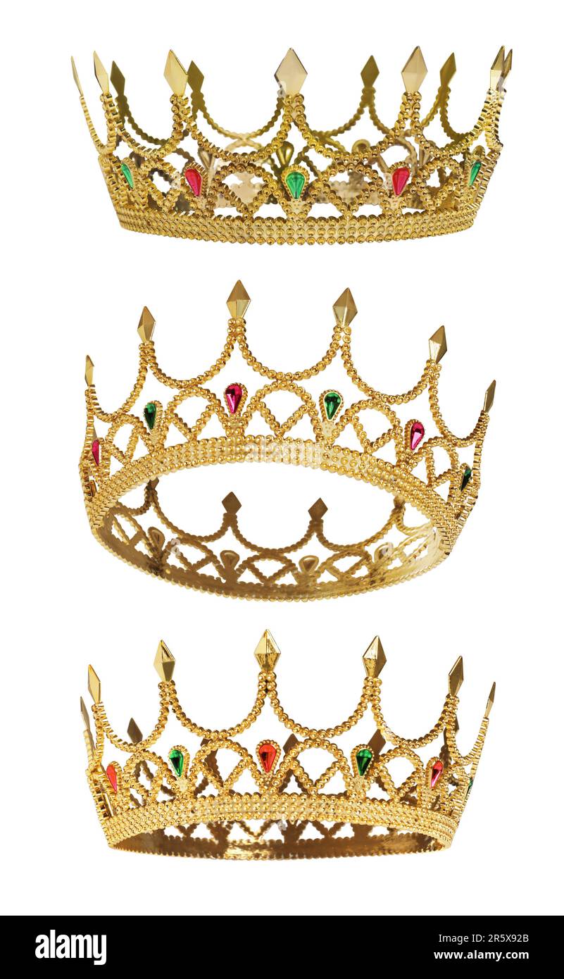 Collage of beautiful gold crown with gems on white background, views ...