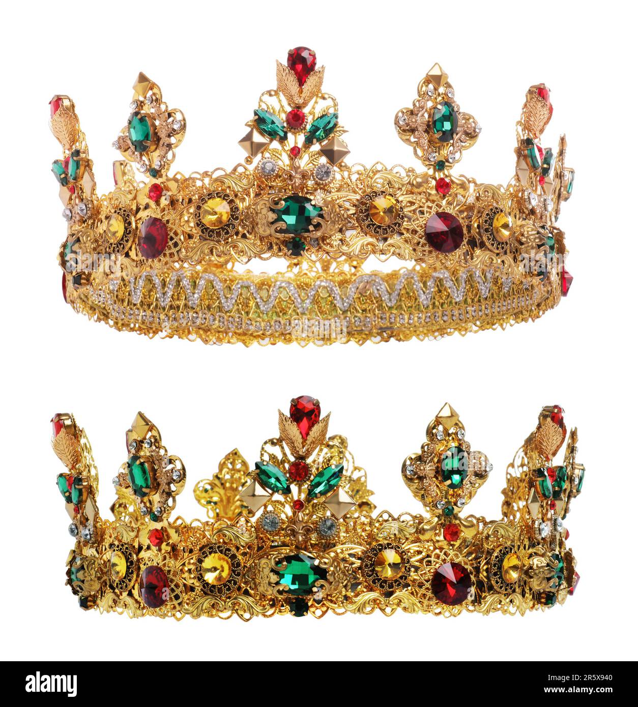 Beautiful gold crown with gems on white background, views from ...