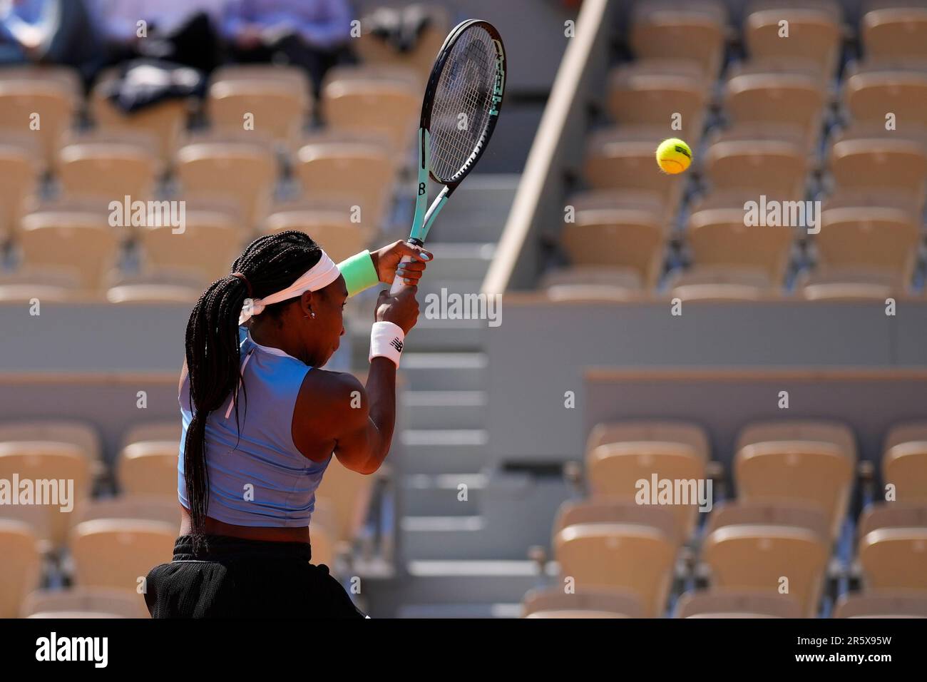 PARIS, FRANCE - JUNE 5: Coco Gauff makes an acrobatic volley during 4th round of Roland Garros ...