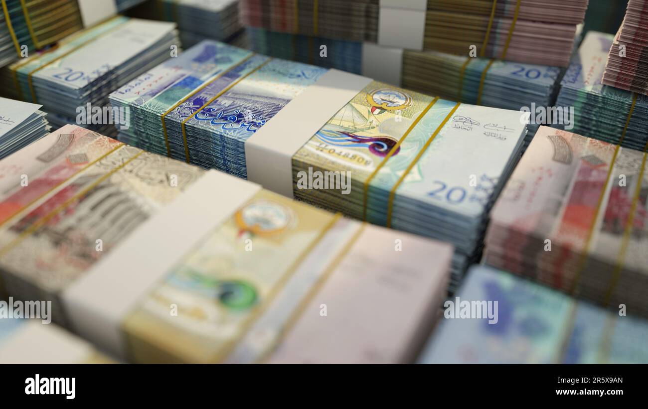 close up of stacks of Kuwaiti dinar notes. 3d rendering on bundles of ...