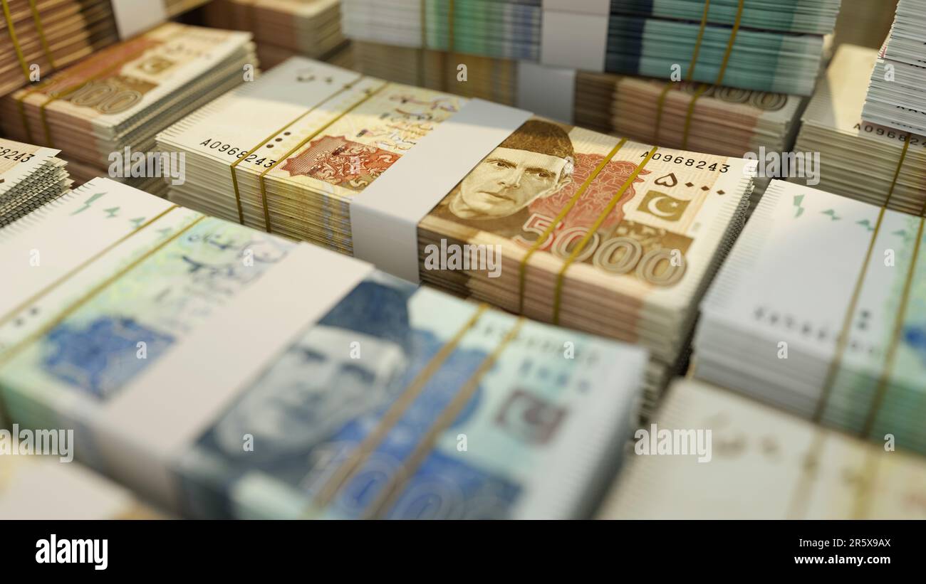 close up of stacks of Pakistani rupee notes. 3d rendering on bundles of ...