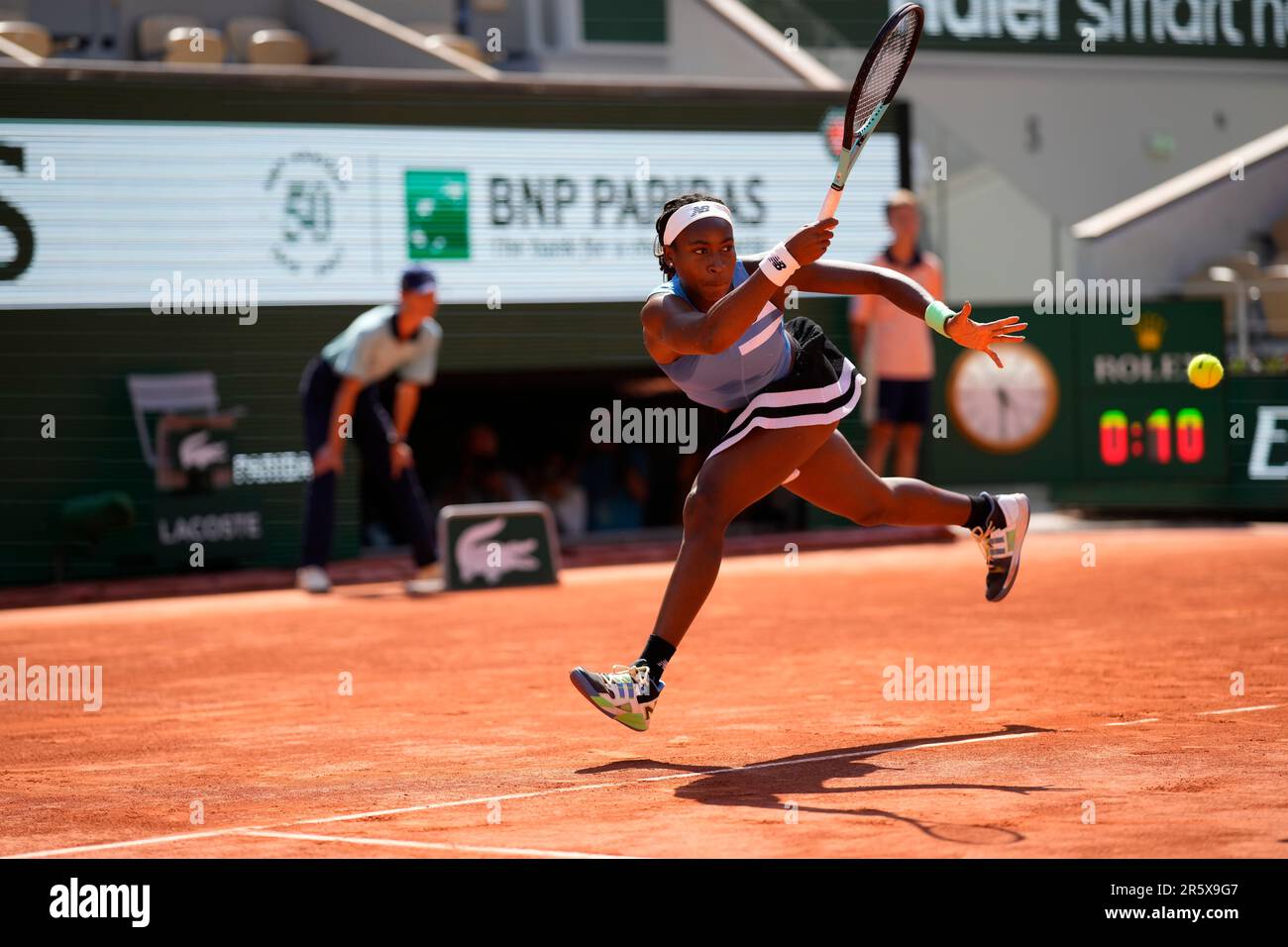 PARIS, FRANCE - JUNE 5: Coco Gauff plays a strong forehand during 4th round of Roland Garros ...