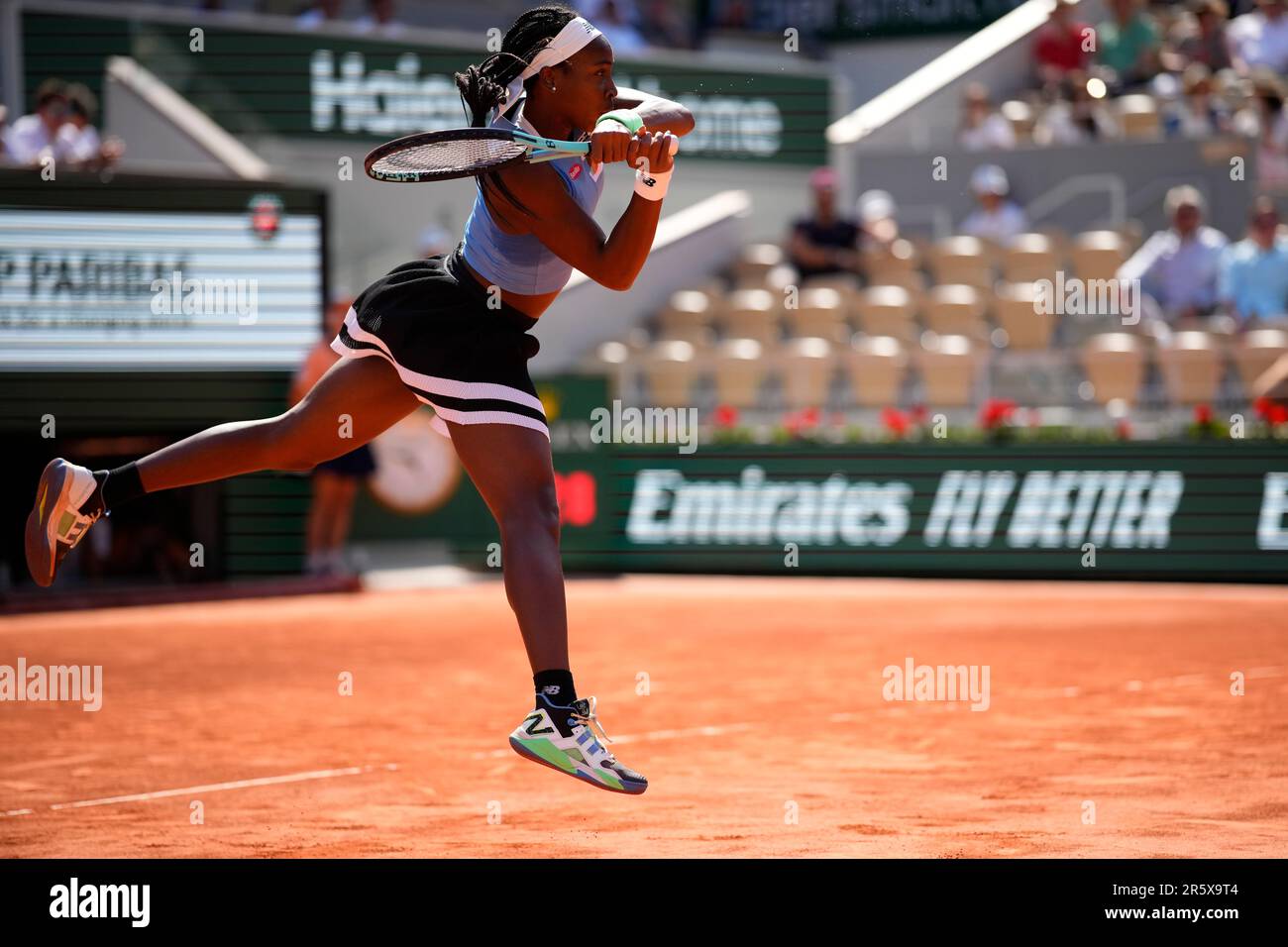 PARIS, FRANCE - JUNE 5: Coco Gauff plays a backhand during 4th round of Roland Garros 2023 match ...