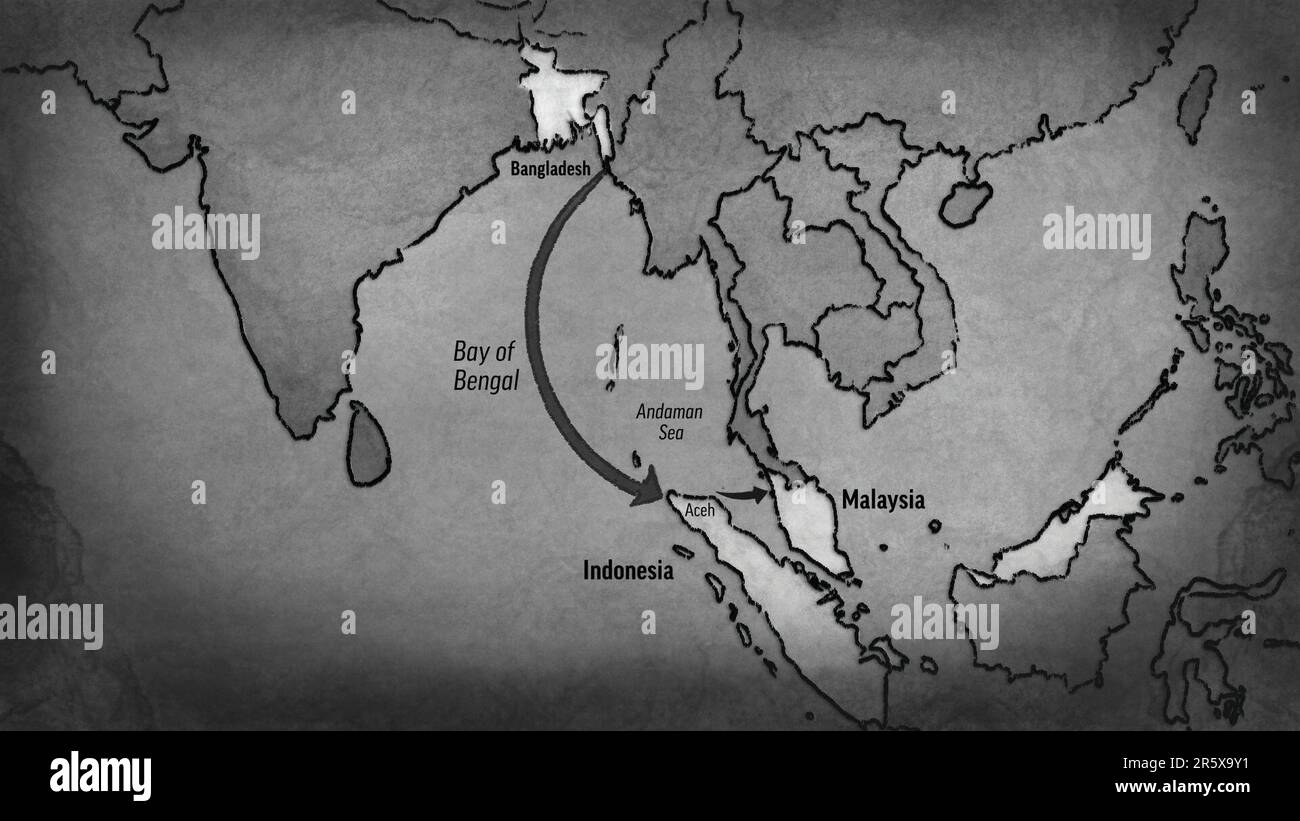An illustrated map showing a general boat route taken by Rohingya ...