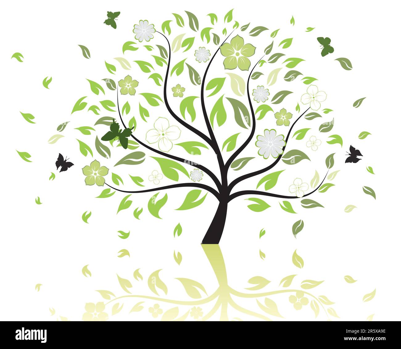Vector illustration of tree with falling leaves and butterflies Stock ...