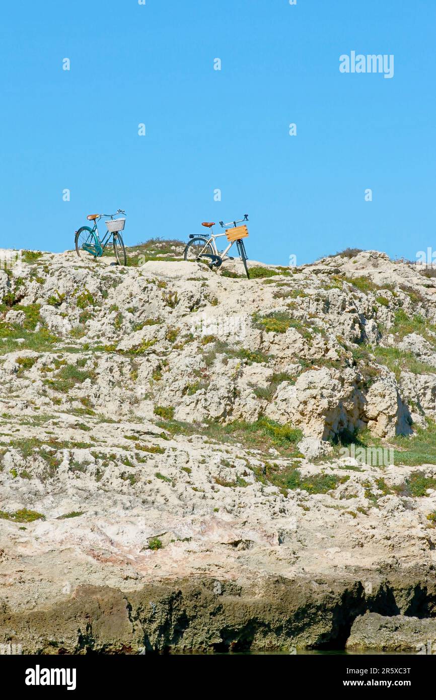 Colored retro bicycles resting on a light-colored stone and in the ...