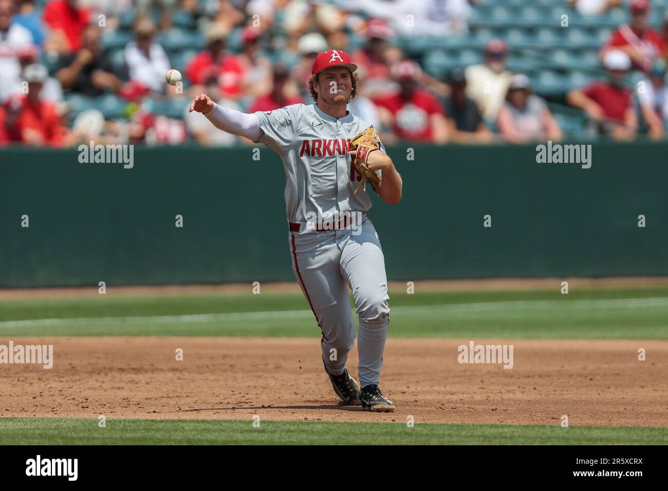 June 5, 2023: Arkansas infielder Ben McLaughlin #15 makes a throw ...