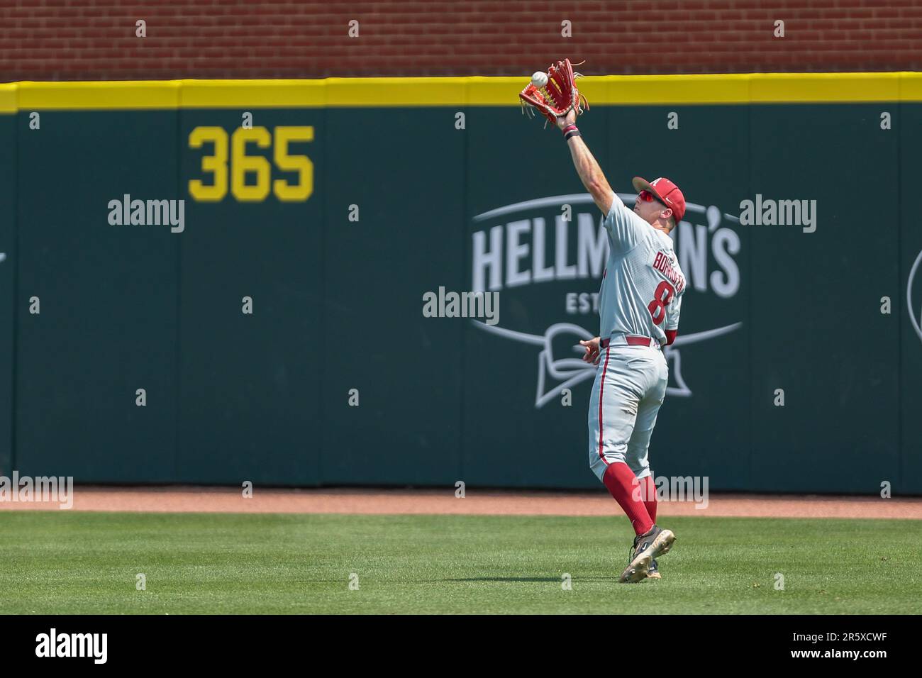 June 5, 2023: Razorback outfielder Jace Bohrofen #8 settles back under ...