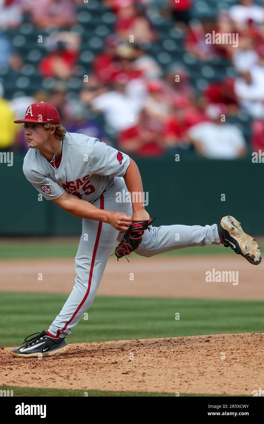 June 5, 2023: Gage Woods #45 of Arkansas follows through on his pitch ...
