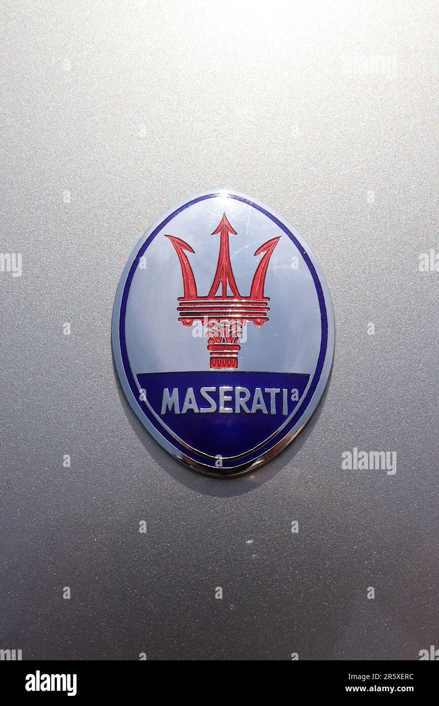 Iconic Maserati Trident emblem on a Maserati 3500 GTi Touring Iniezione ...