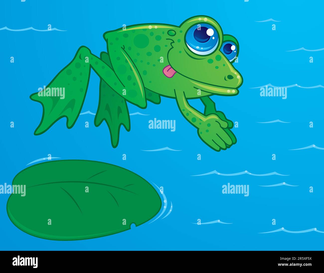 Vector drawing of a cute frog diving off of a lily pad into water ...