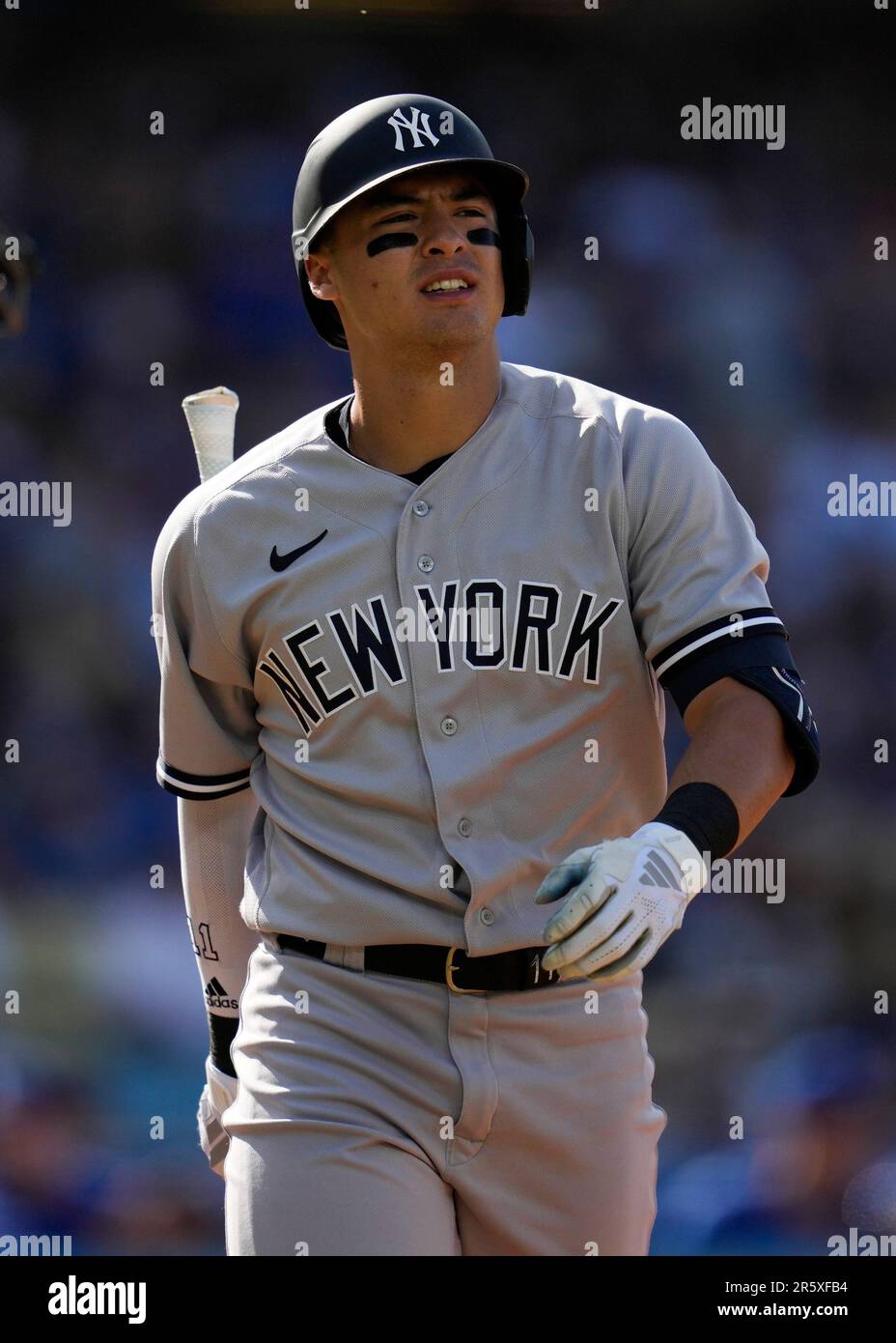 New York Yankees' Anthony Volpe (11) reacts after striking out during a ...