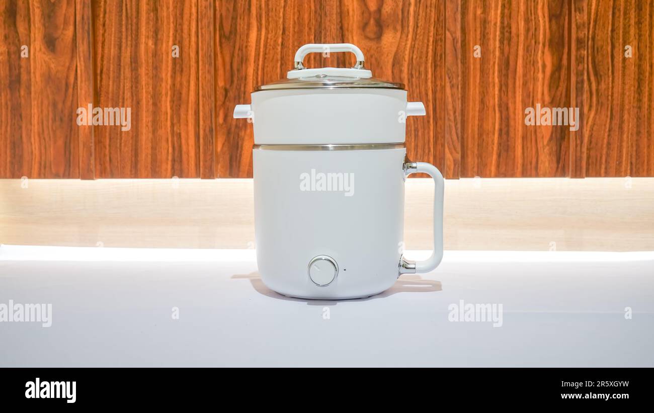 A white electric steamer is a kitchen appliance used for steaming food ...