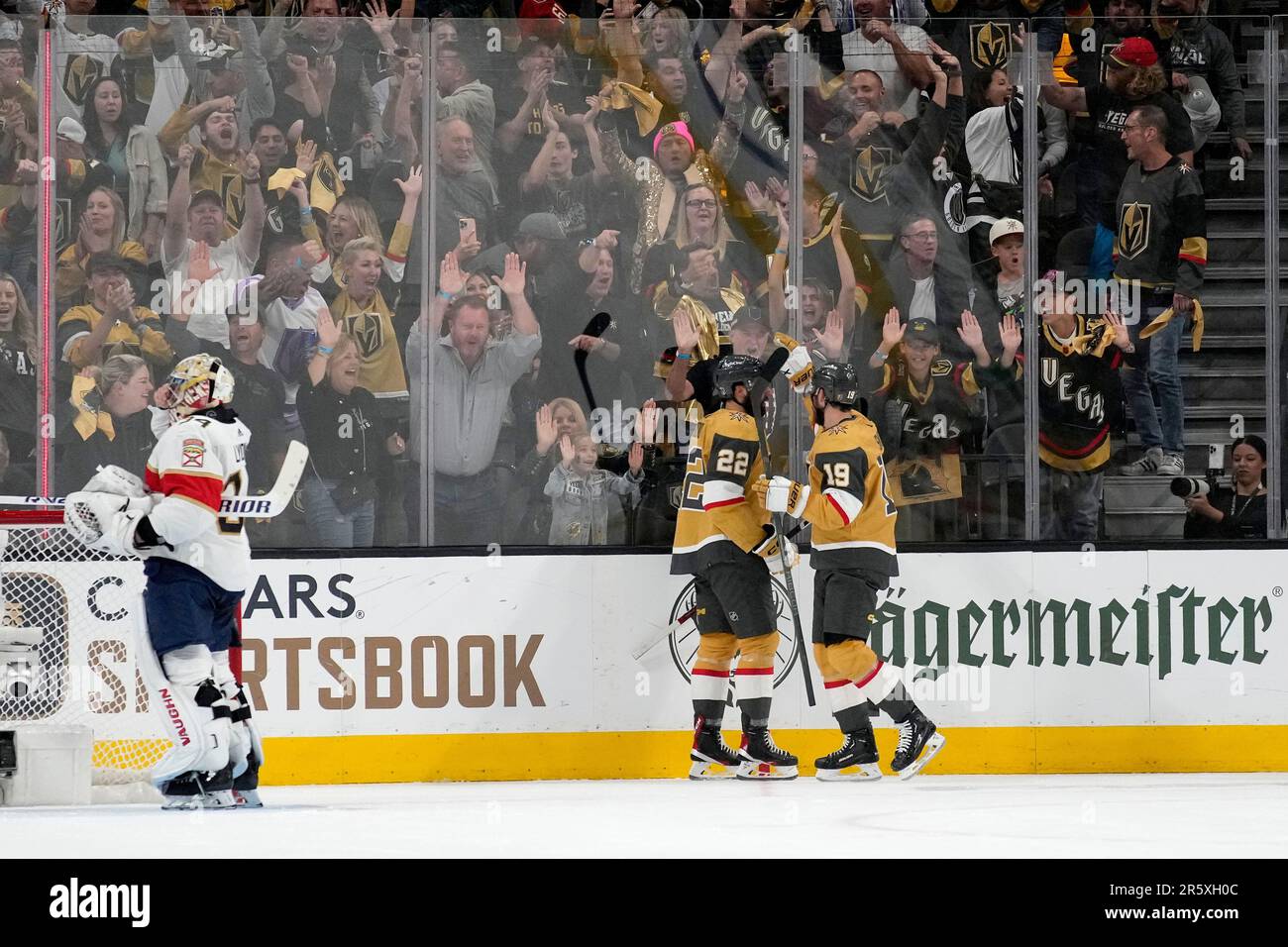 Vegas Golden Knights right wing Michael Amadio (22) celebrates his goal ...