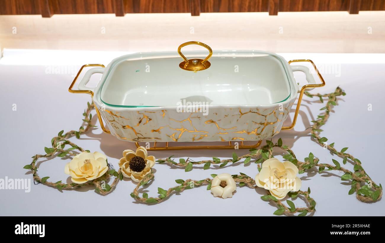 This Rectangular White Ceramic Vegetable Container with Gold Motif is a ...