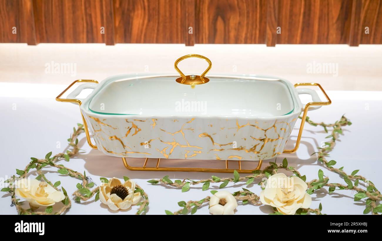 This Rectangular White Ceramic Vegetable Container with Gold Motif is a ...