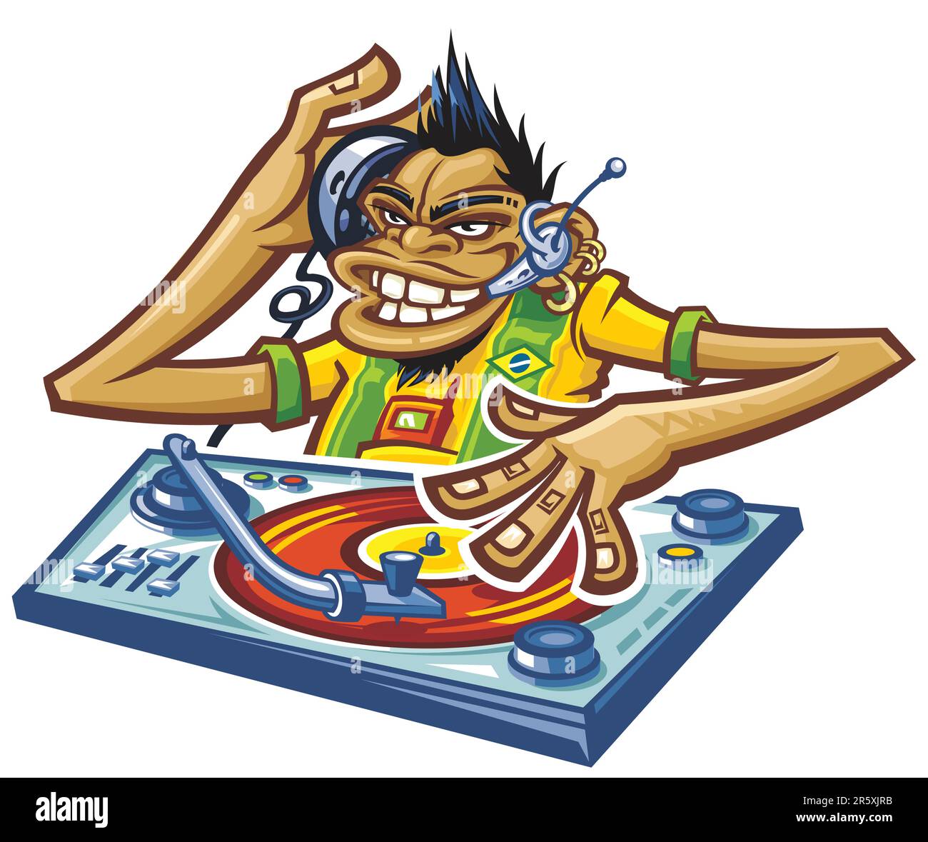 A cartoon comic Dj monkey is playing a record dressed in a Brazilian ...