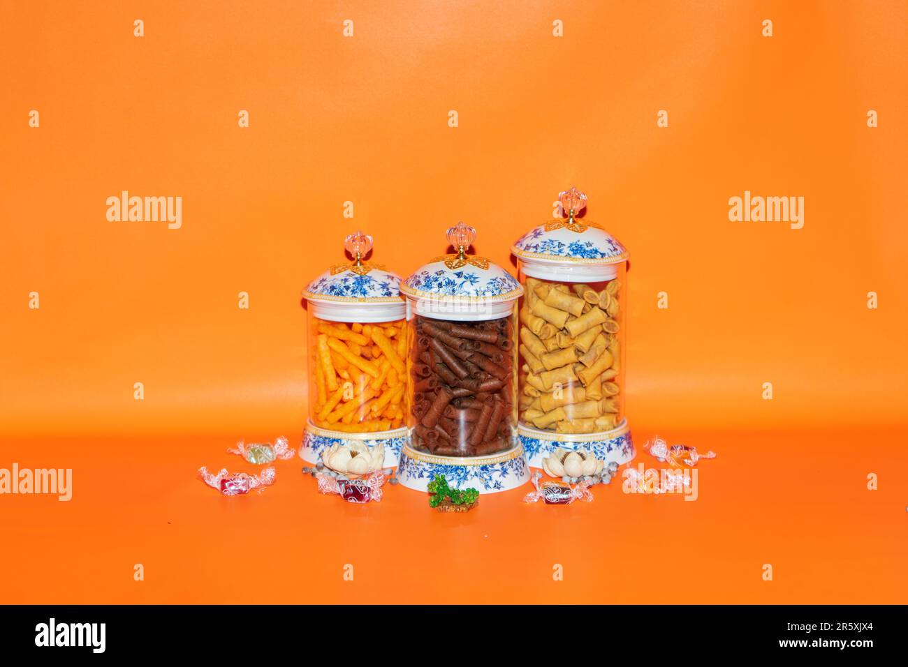 The Set of Three Glass Jars with Blue Flower Pattern White Lids offers ...