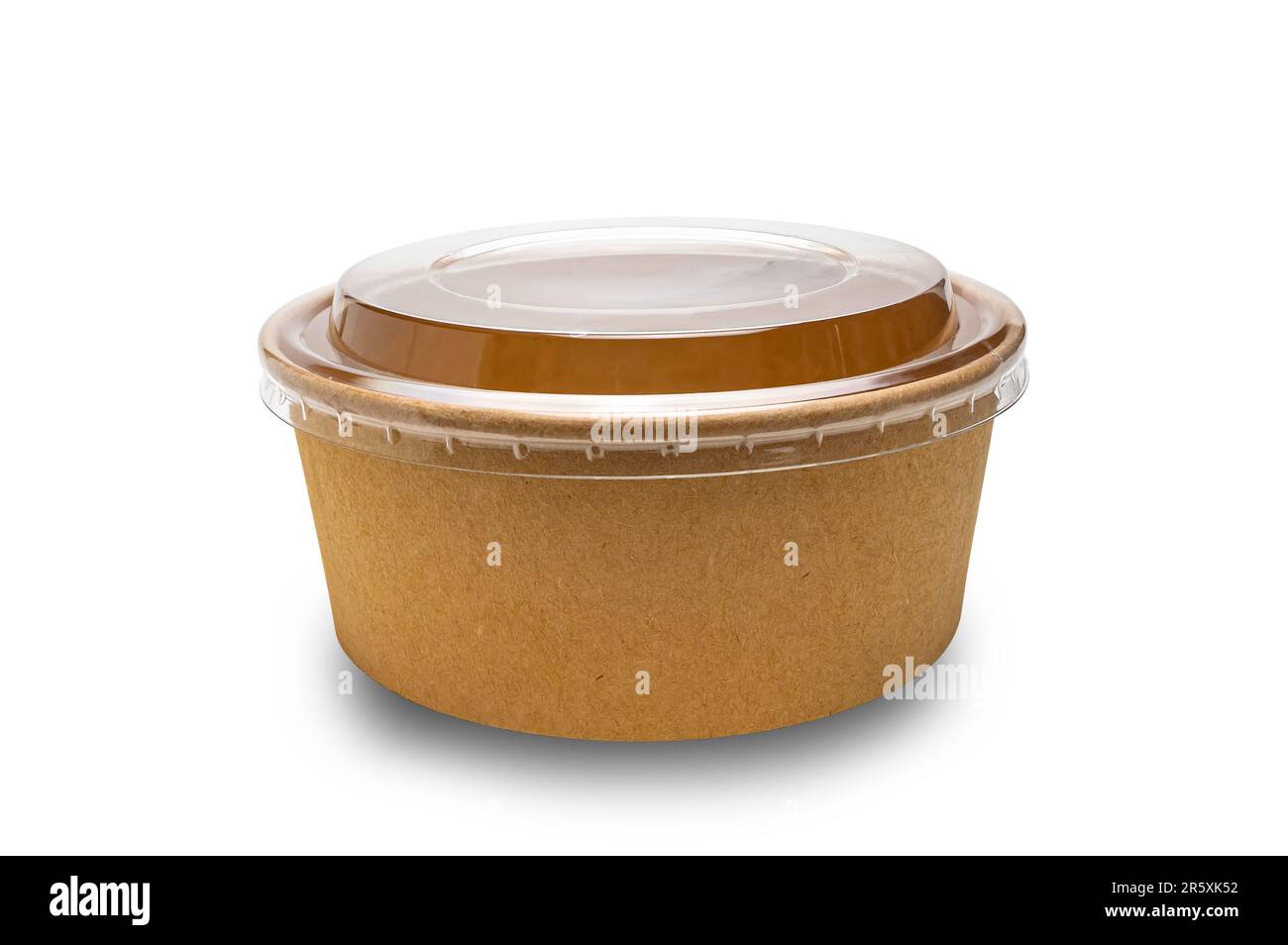 Side view closeup of brown paper bowl with plastic lid isolated on ...